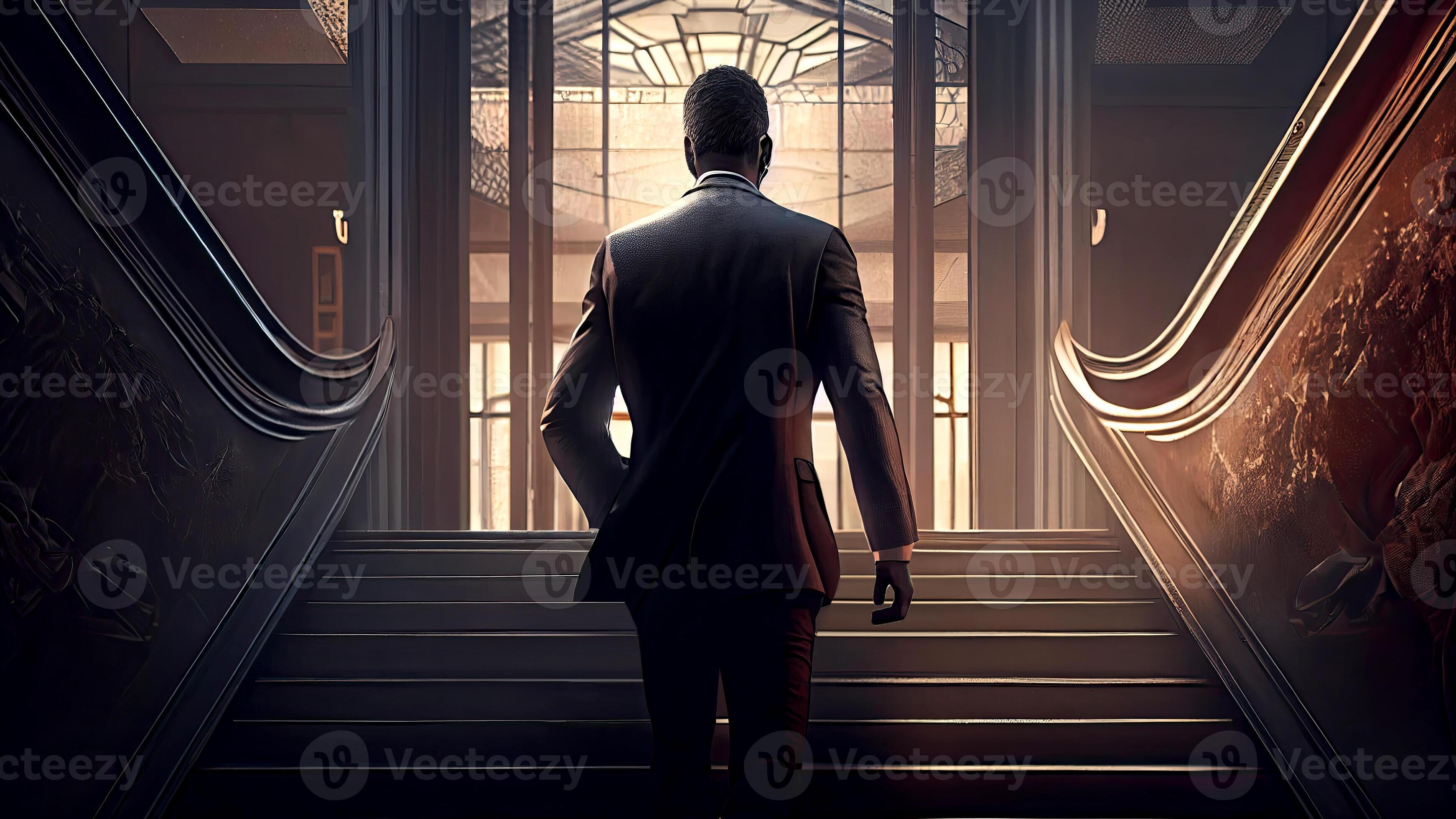 Back View Of Businessman Climbing Stairs Towards The Lights Door
