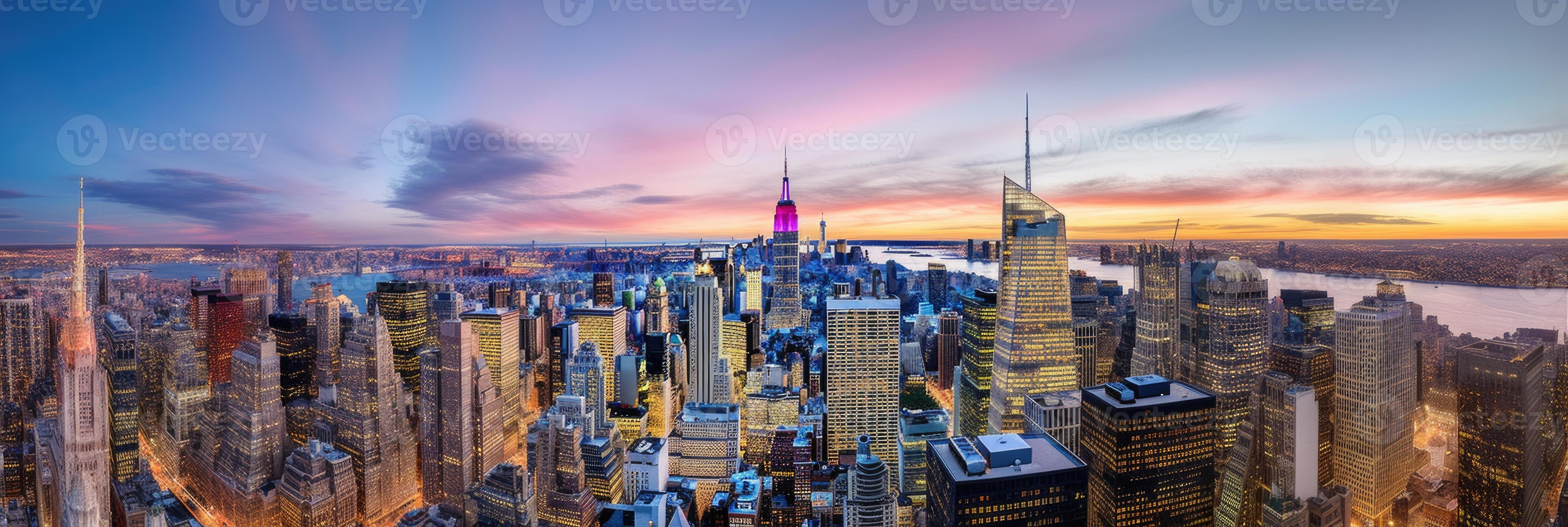 Amazing Panoramic View Of Manhattan Skyline In New York City During