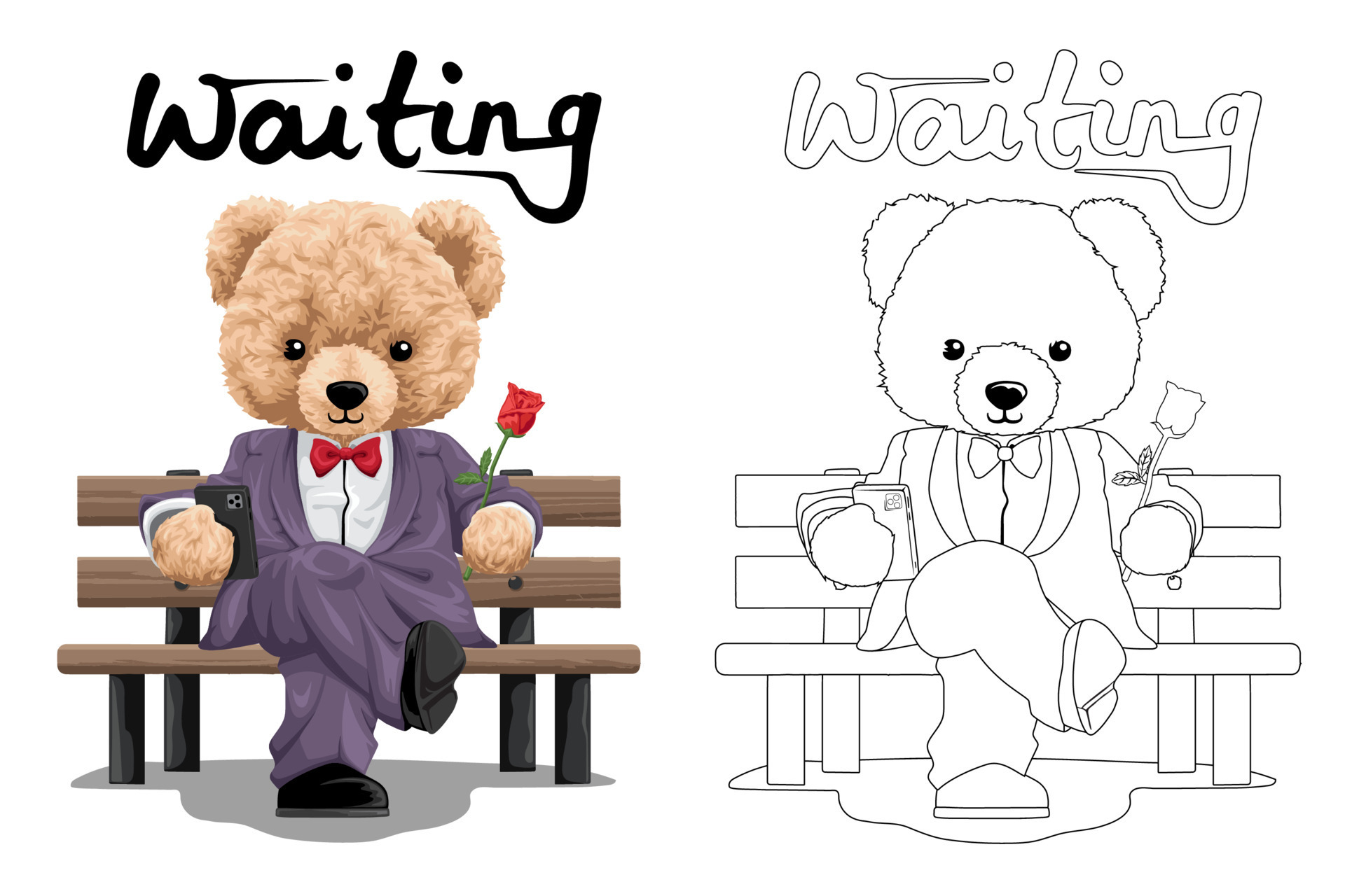 Vector Illustration Of Teddy Bear In Suit Sitting On Bench While
