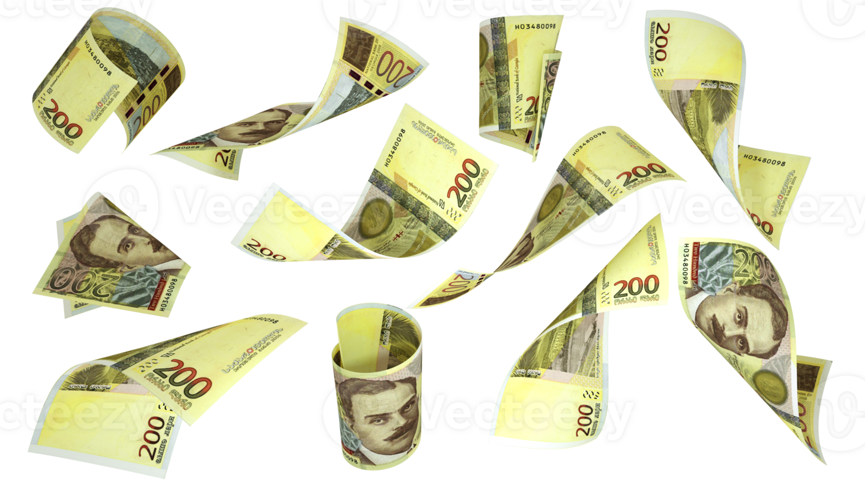 3d Rendering Of Georgian Lari Notes Flying In Different Angles And Orientations Isolated On
