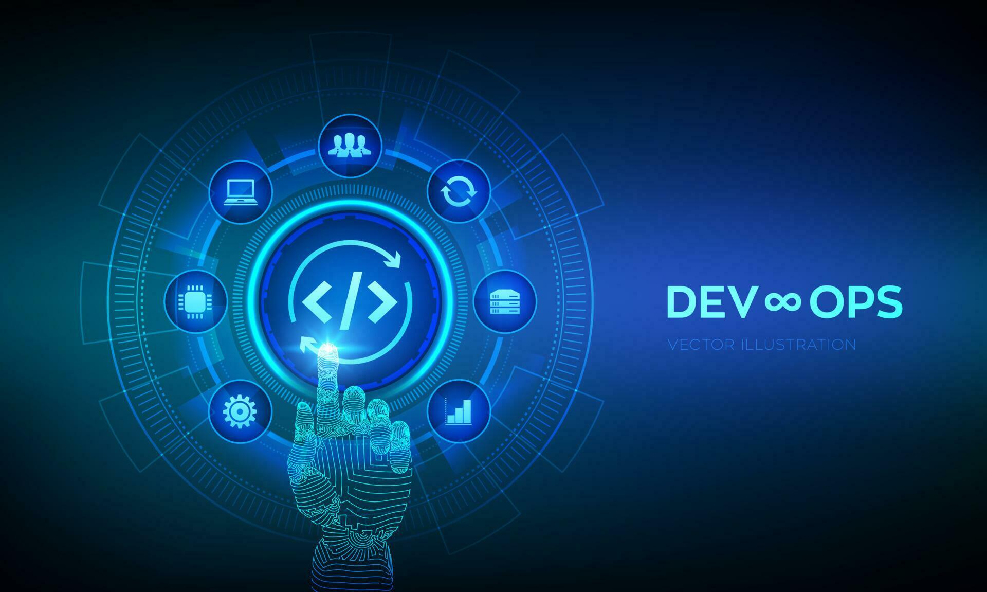 Devops. Agile development and optimisation concept on virtual screen ...