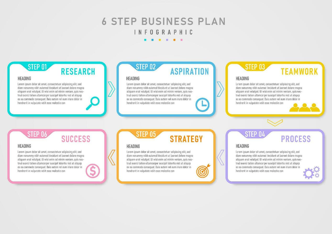 simple infographic template 6 steps business planning to success pastel square arrow direction ...