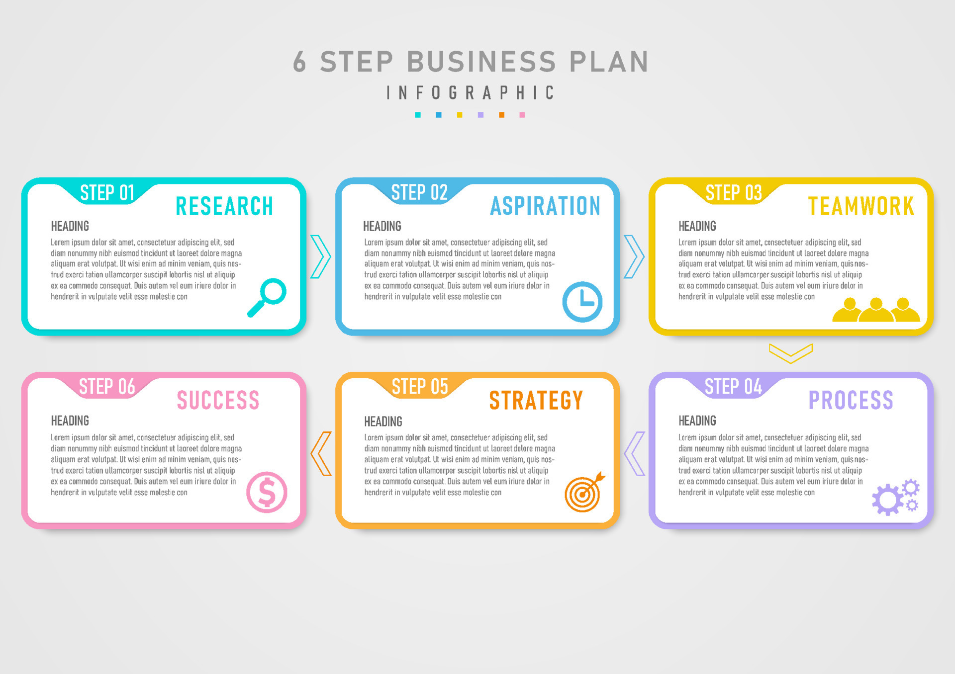 simple infographic template 6 steps business planning to success pastel square arrow direction ...
