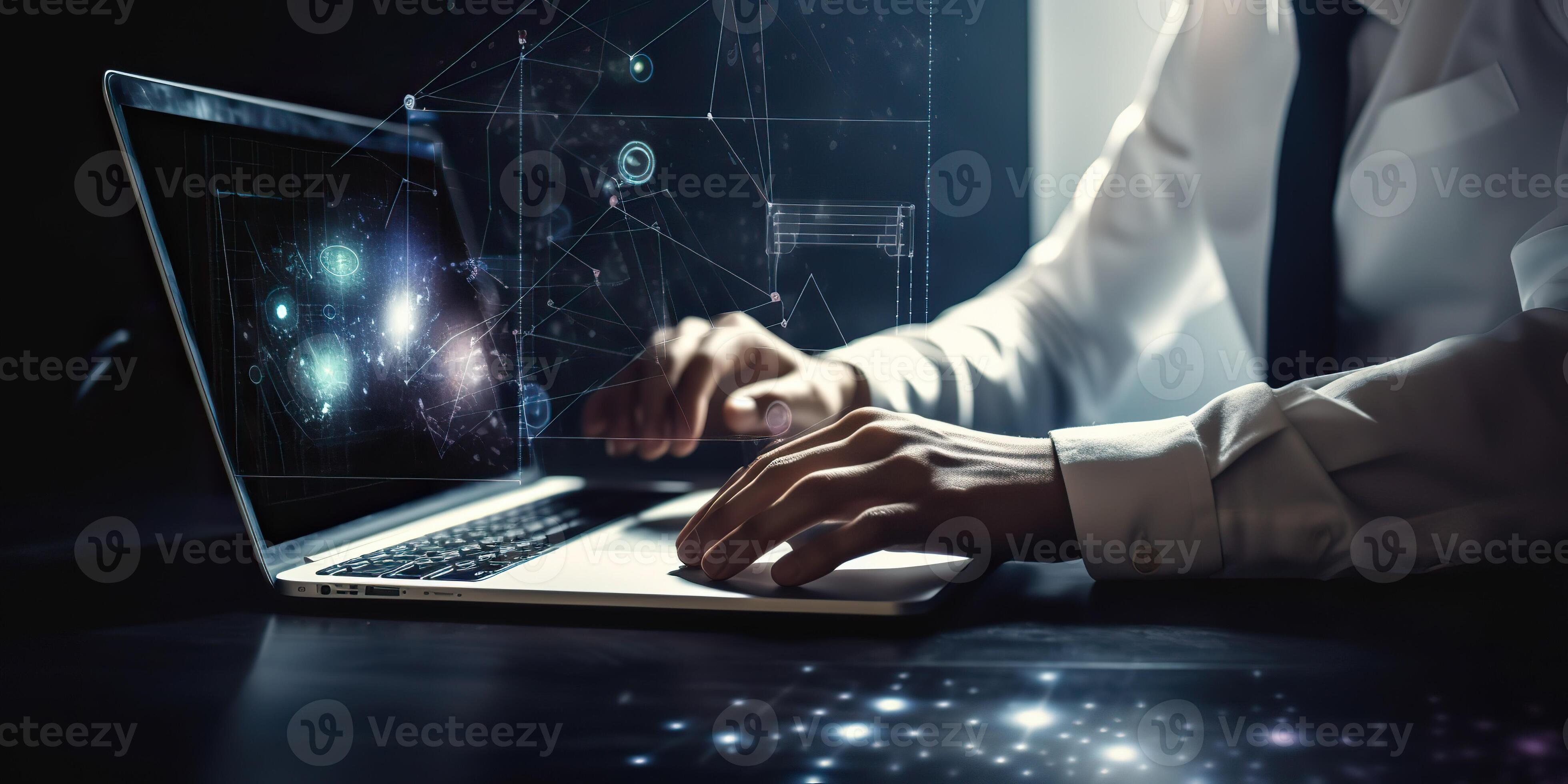 Photo realistic illustration data analytics science man working bit ...