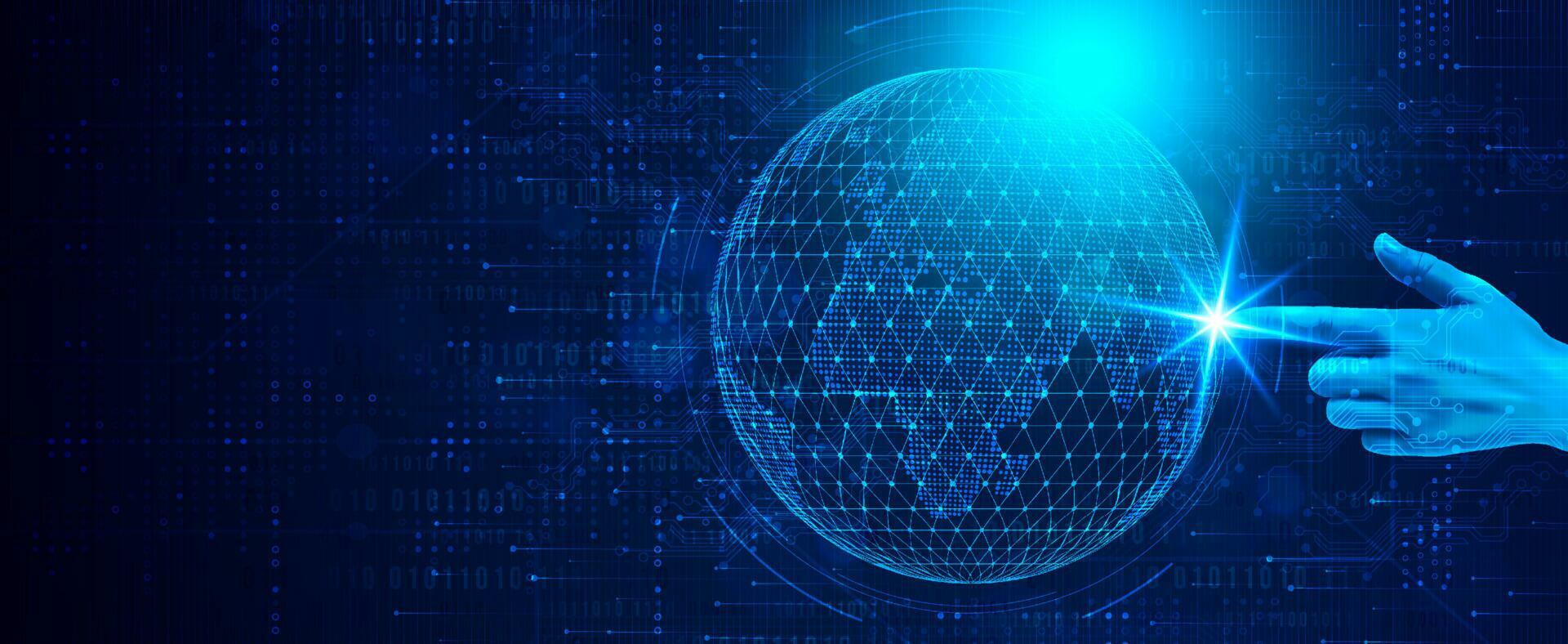 Hand touch digital technology world blue background, cyber nano information, abstract ...