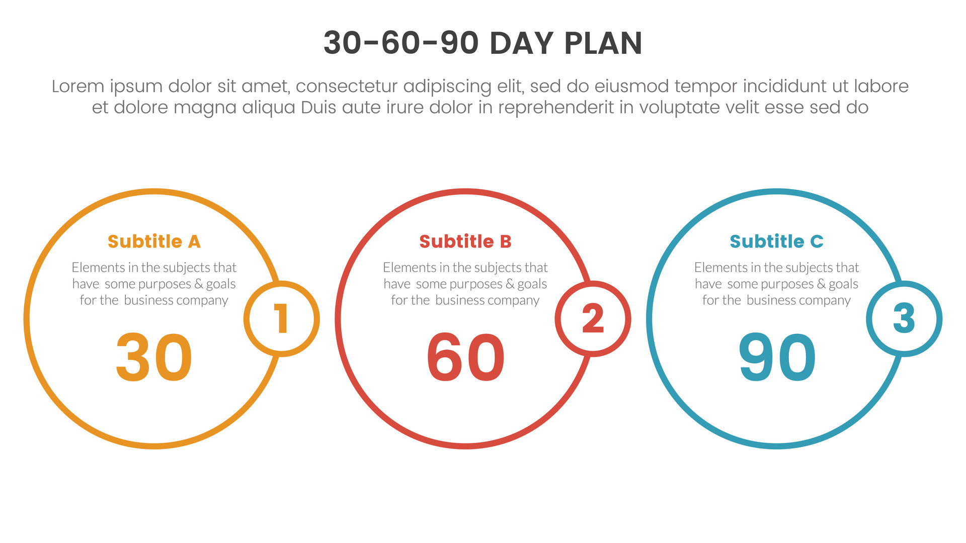 30-60-90 day plan management infographic 3 point stage template with circle outline style ...