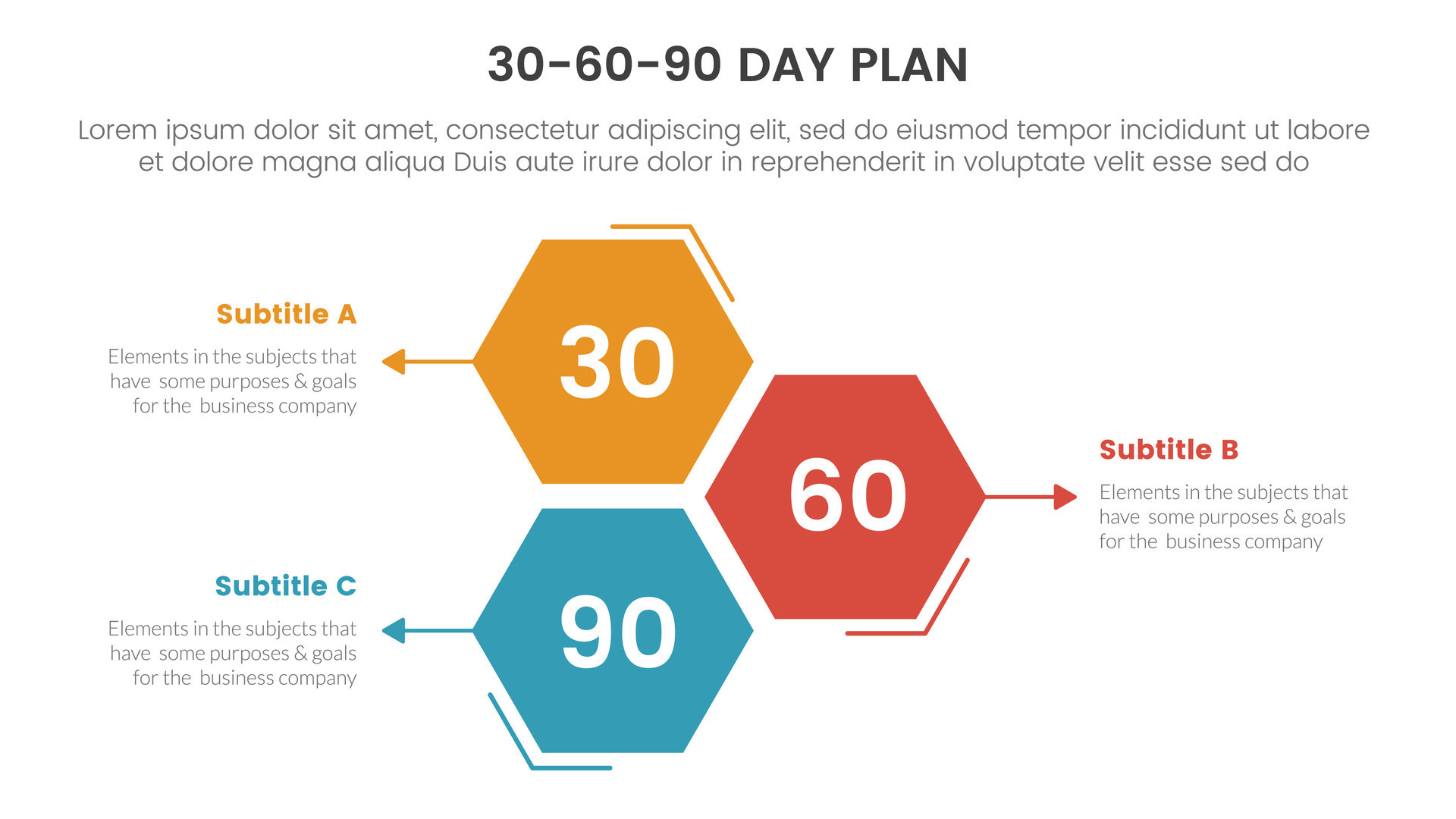30-60-90 day plan management infographic 3 point stage template with honeycomb shape vertical ...