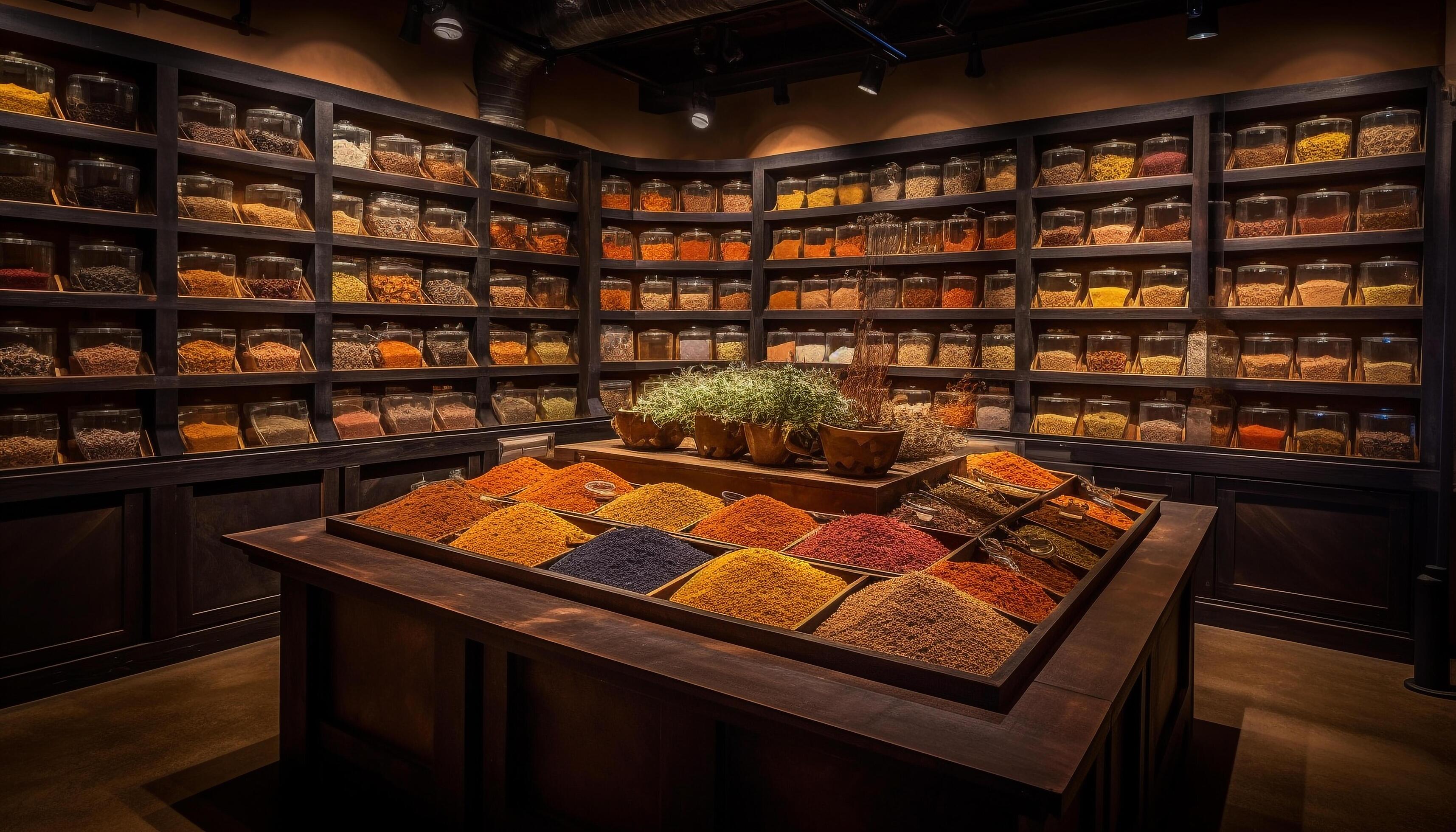 Healthy spices in retail store on wooden shelf generated by AI 24713797 Stock Photo at Vecteezy
