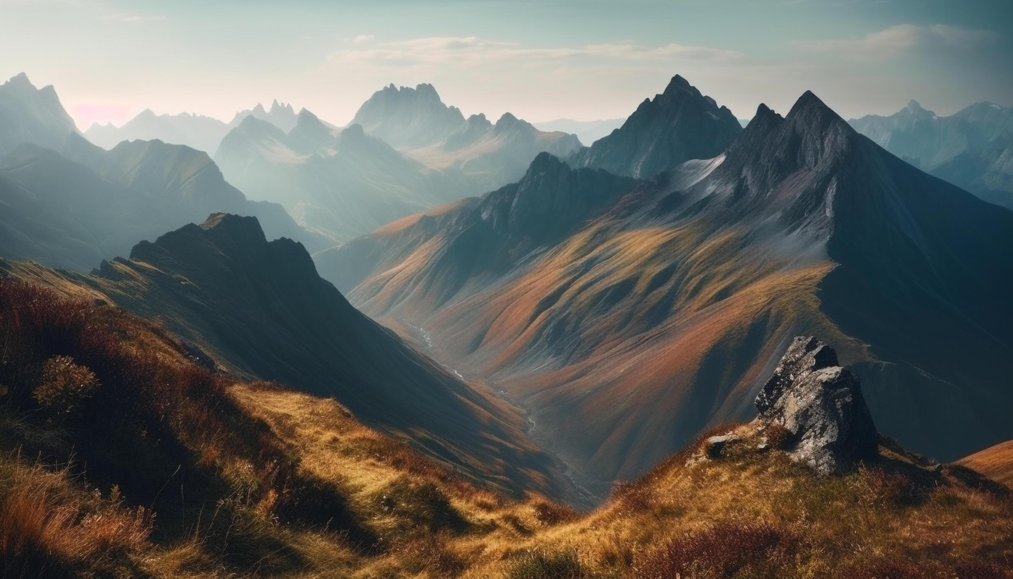 Majestic mountain peak tranquil meadow yellow sunset generated by AI ...