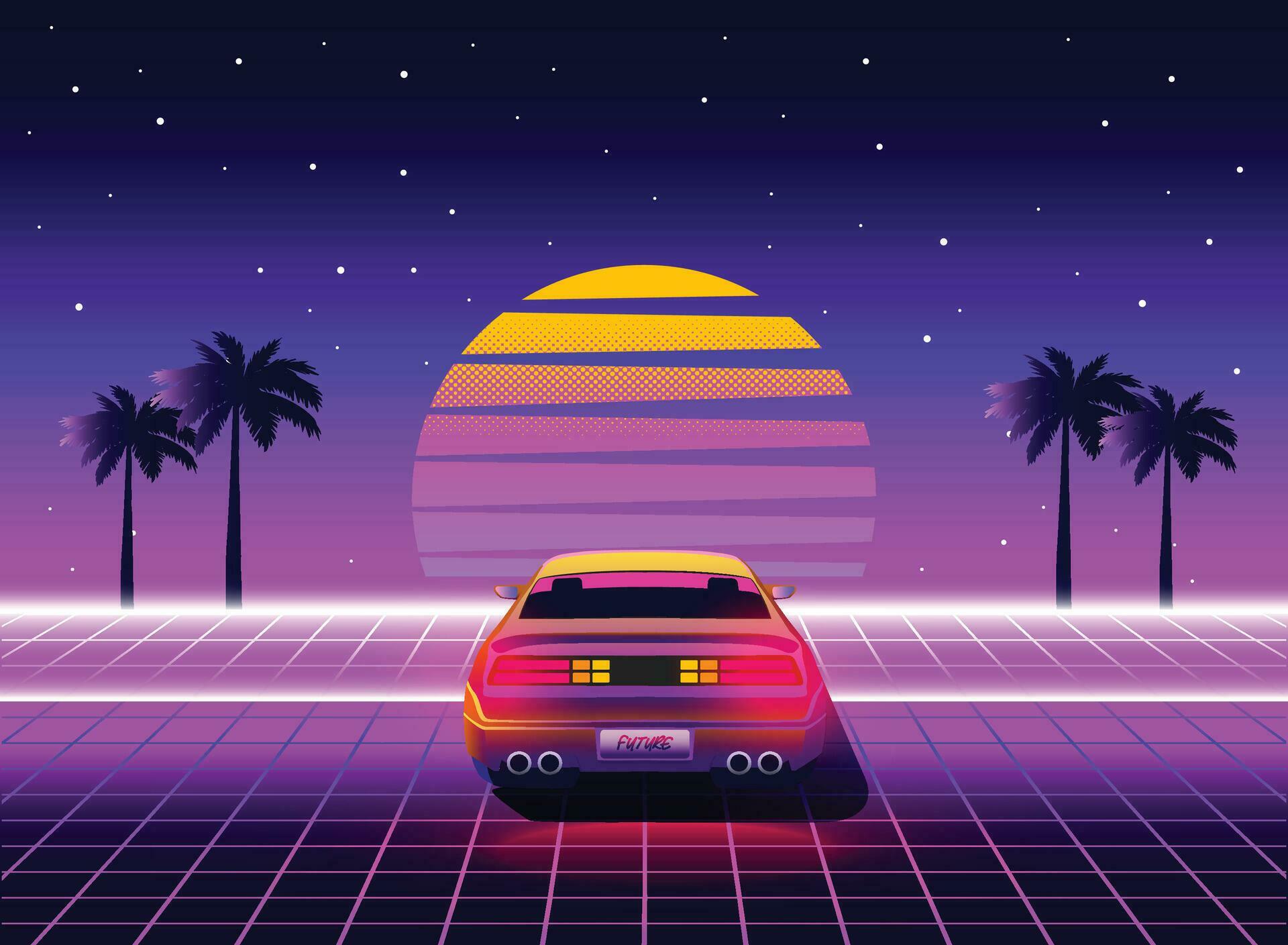 Retro future. 80s style sci-fi background with supercar. Futuristic retro car. Vector retro ...