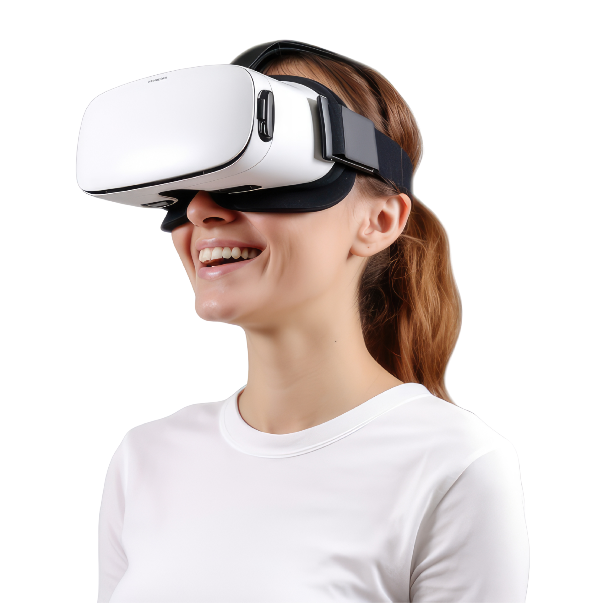 Woman Wearing a VR Headset. VR virtual reality headset goggles worn by woman 3D isolated on ...