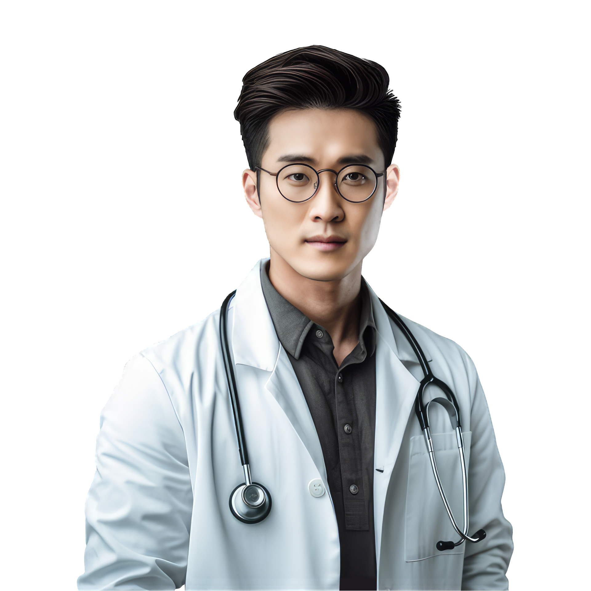 Asian handsome young male doctor in medical uniform isolated on transparent background ...