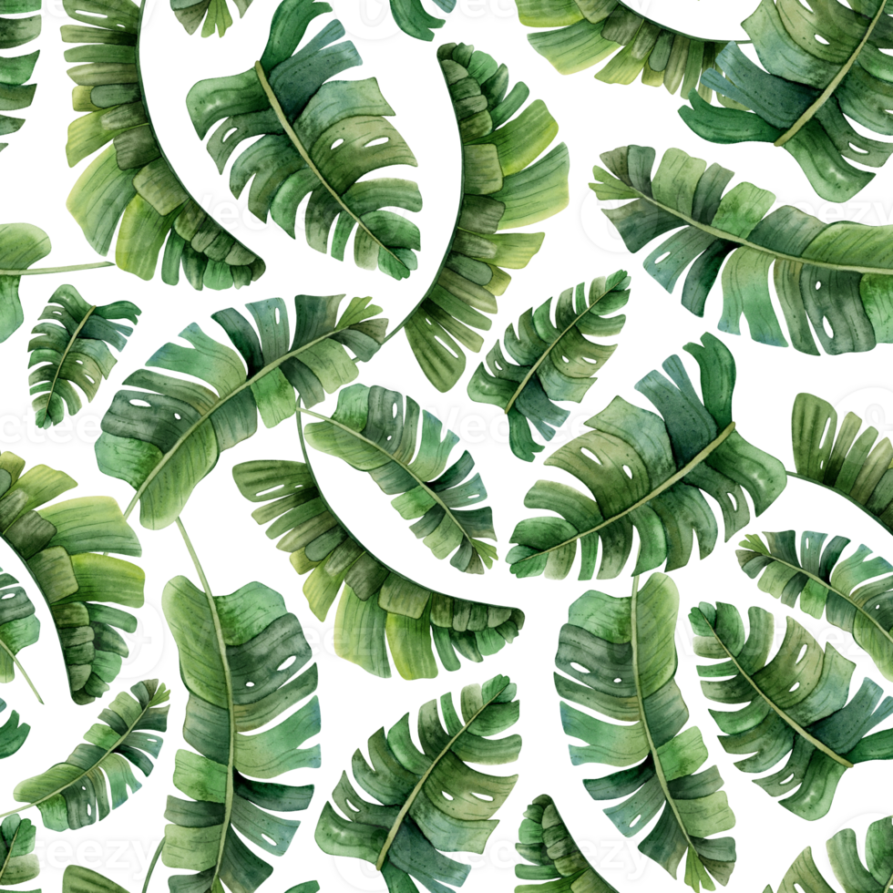 Tropical Palm Leaves Watercolor Seamless Pattern With Green Jungle