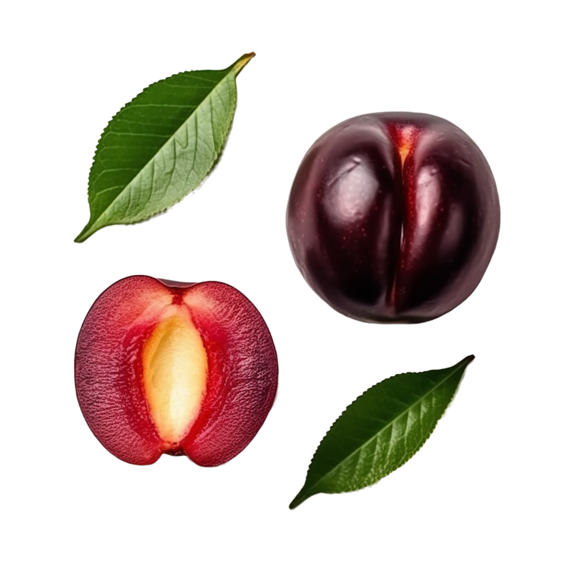 Top view of two plums one full one cut in half with transparent ...