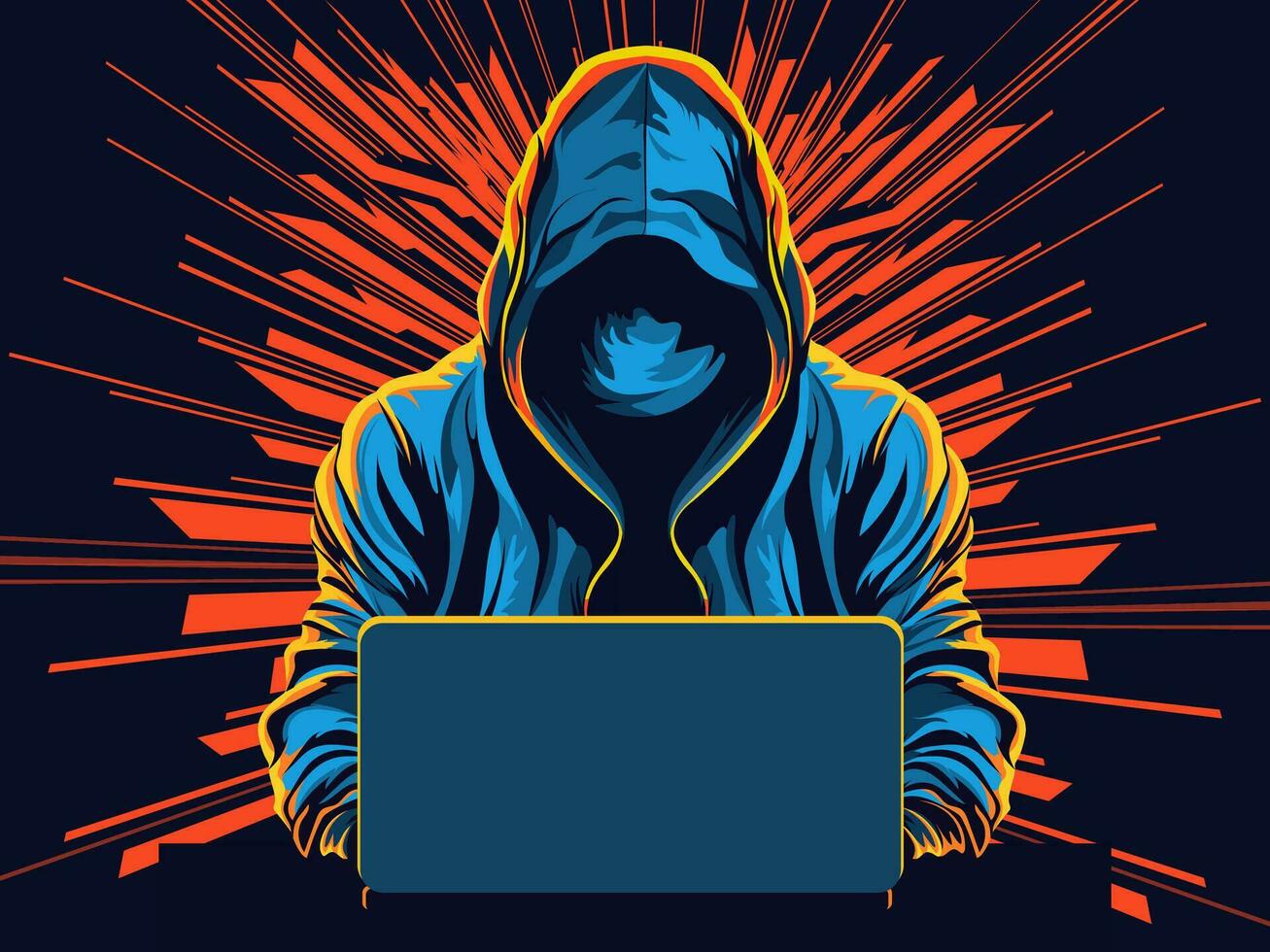 Anonymous Hacker Using Laptop On Abstract Rays Background. 24729905 Vector Art at Vecteezy