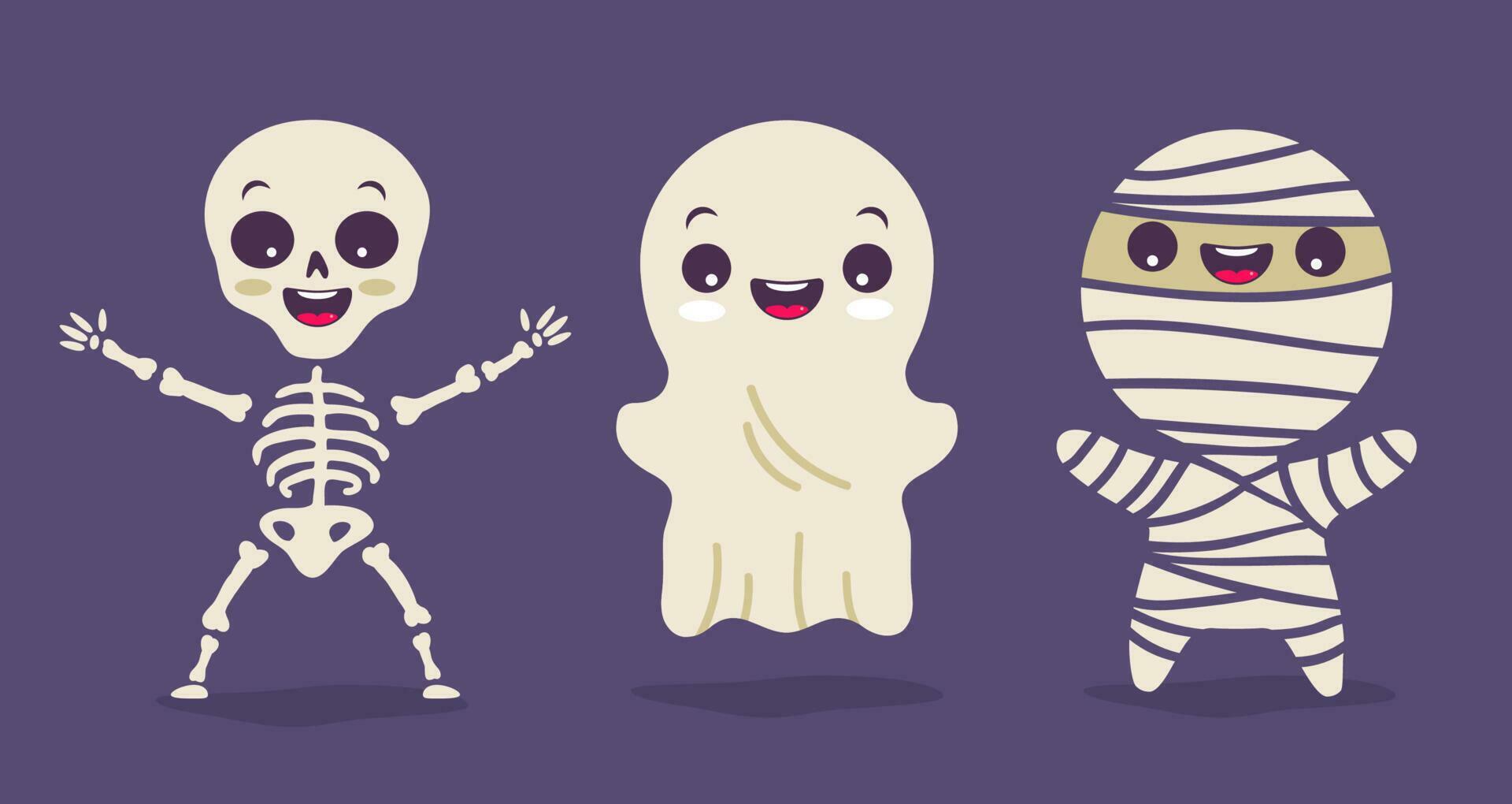Vector set illustration of children in costumes for Halloween. Skeleton ...