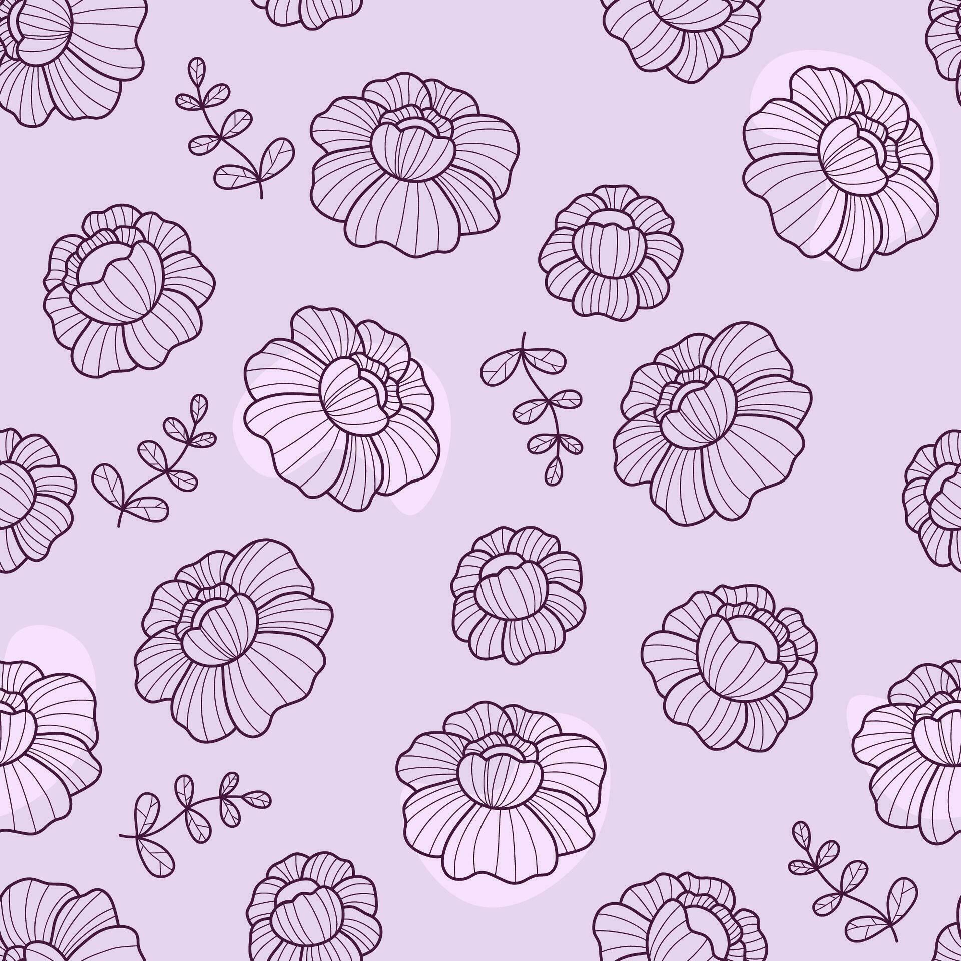 Floral seamless pattern with linear flower on light purple background ...