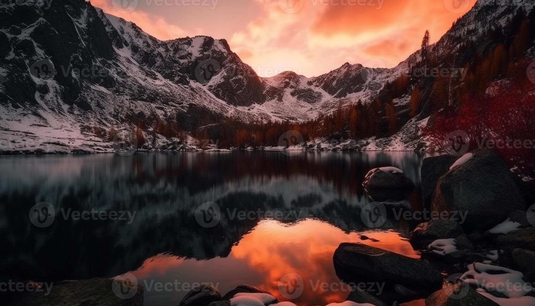 Majestic mountain range reflects tranquil sunset over serene pond ...