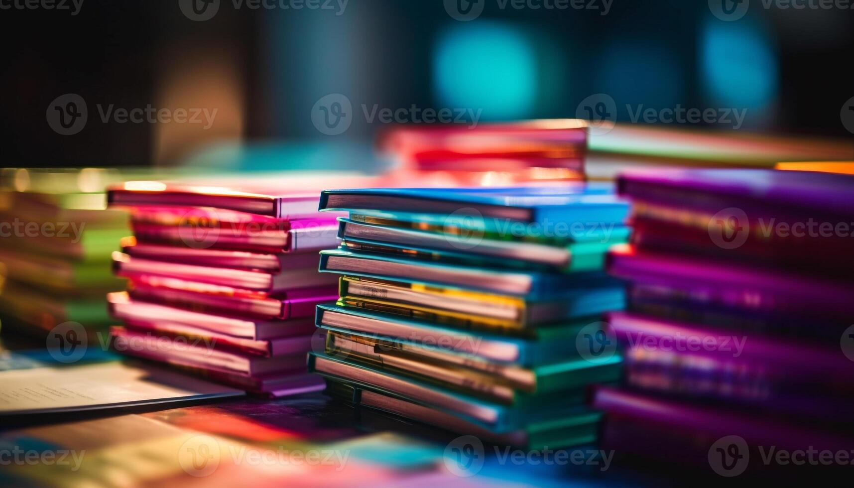 A large stack of colorful textbooks on a library table generated by AI 24748191 Stock Photo at ...