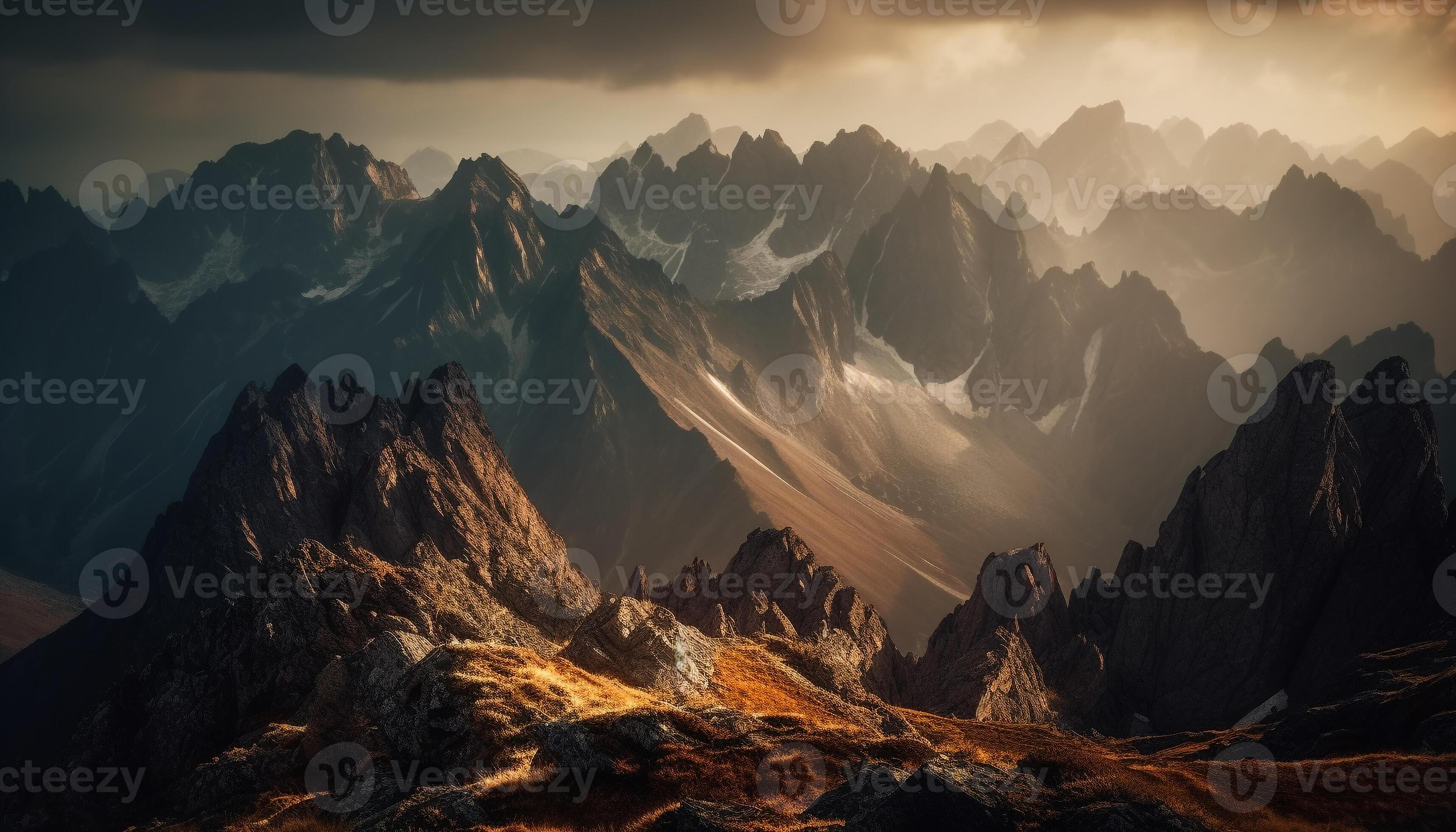 Majestic mountain range at sunset, a beauty in nature landscape ...