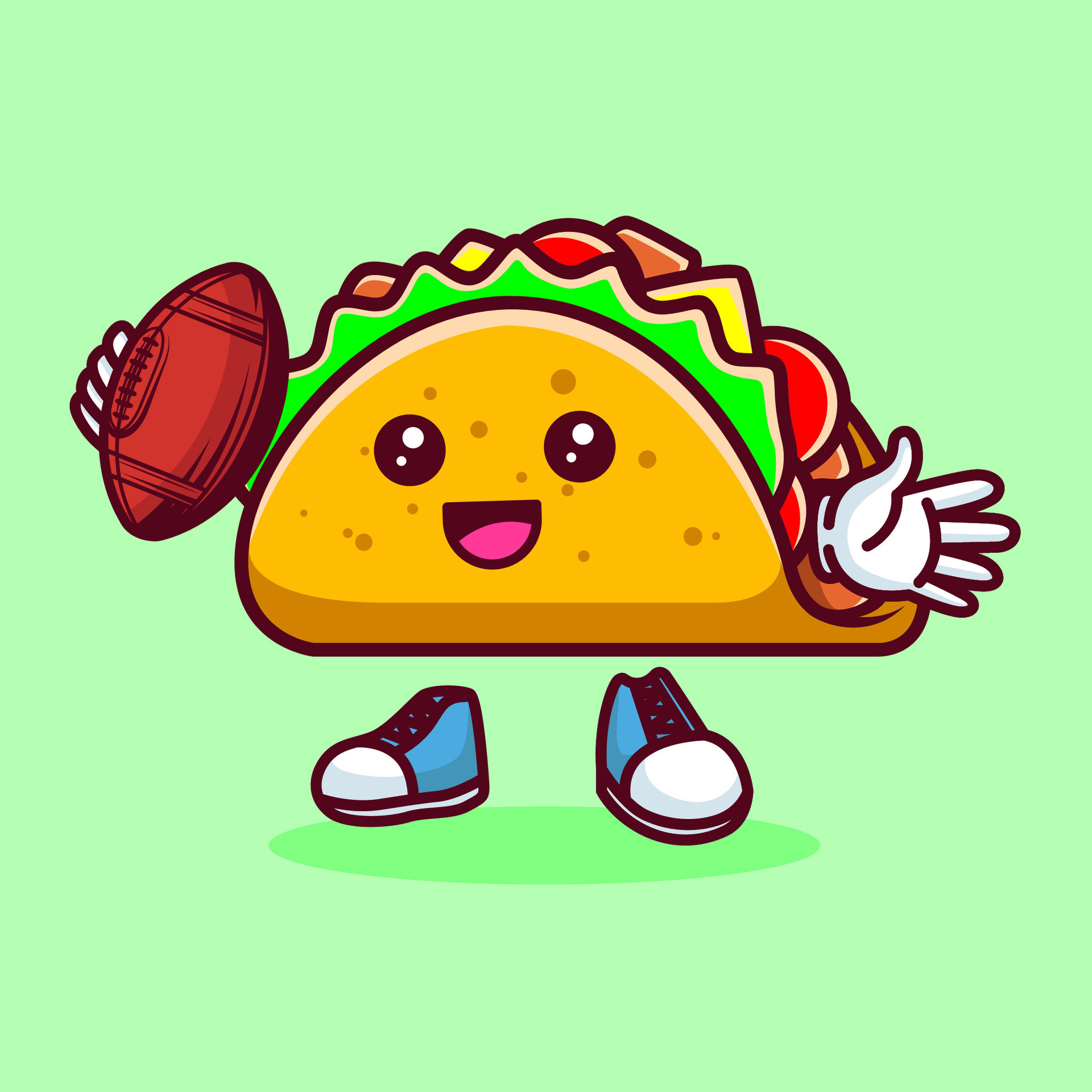 Vector Illustration Of Kawaii Taco Cartoon Character With American Football Ball Vector Eps 10