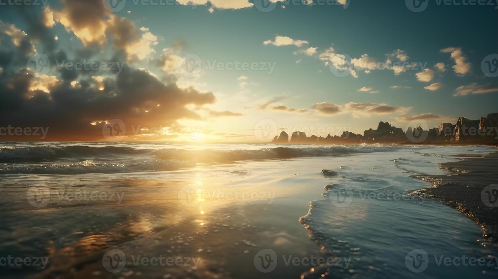 Vibrant Orange Sunset Landscape Of The Sea Beach And Clear Sky Golden