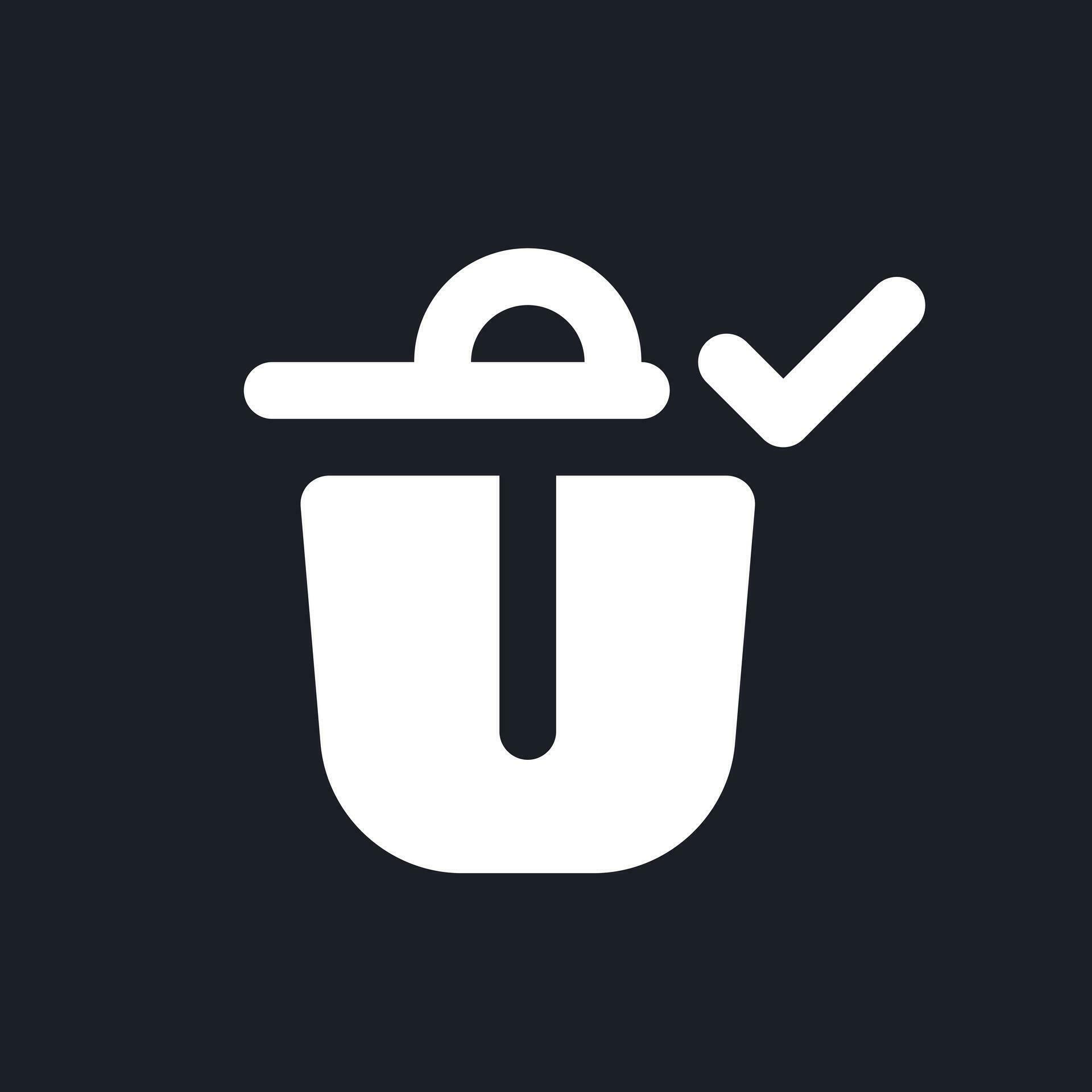 Successfully deleted white pixel perfect solid ui icon. Removing confirm. Bin with check mark ...