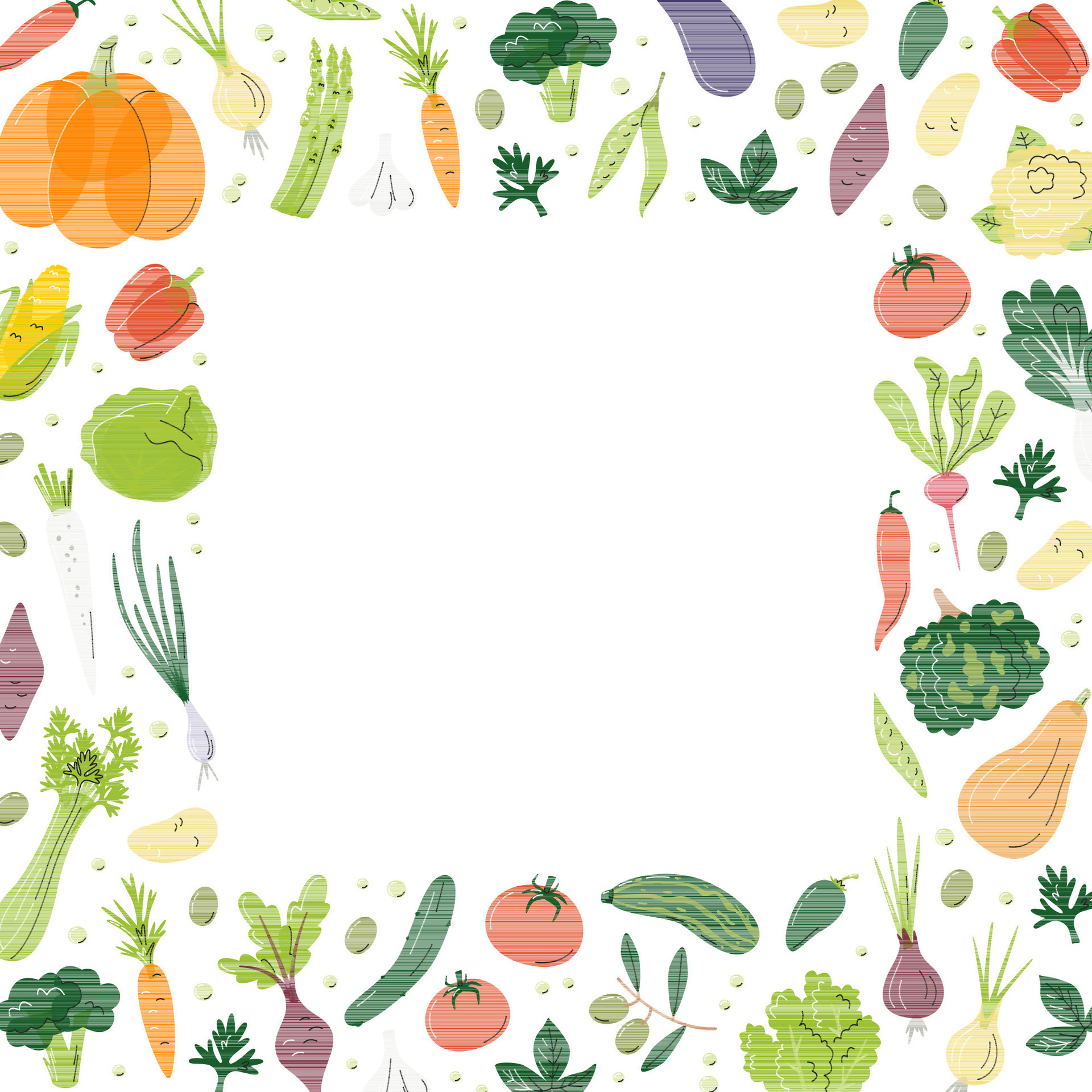 Square frame concept with different vegetables. Borders full of veggies with copy space. Various ...
