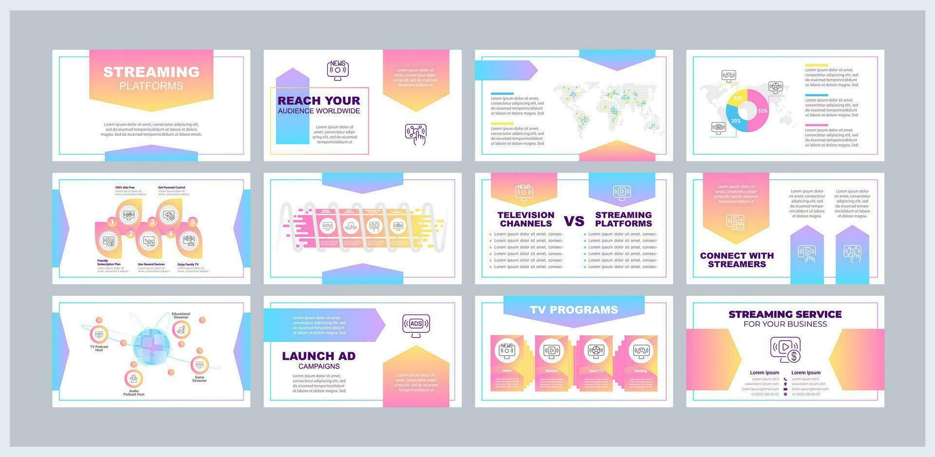 Streaming platforms presentation templates set. Video distribution ...