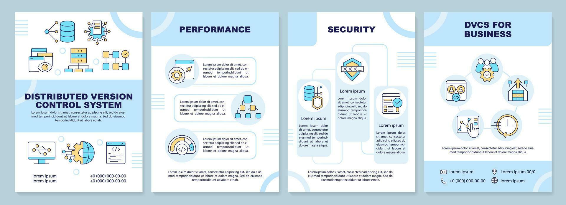 Distributed version control system blue brochure template. Leaflet design with linear icons ...