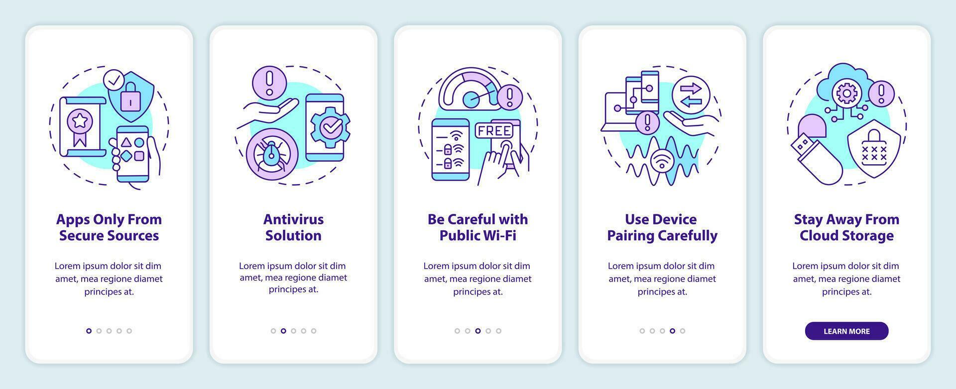 Mobile Phone Safety Tips Onboarding Mobile App Screen Avoid Hacking Walkthrough 5 Steps