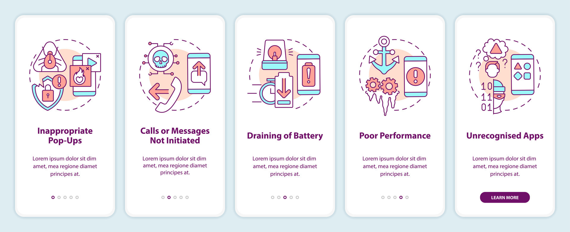 Phone hacking attack onboarding mobile app screen. Digital hazard walkthrough 5 steps editable ...