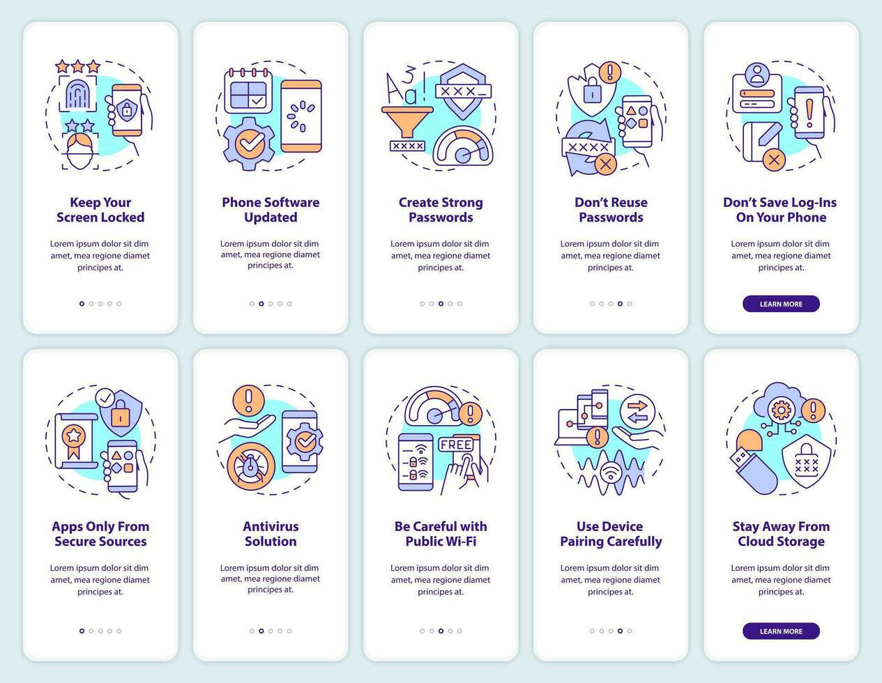 Prevent Smartphone Hacking Tips Onboarding Mobile App Screen Set