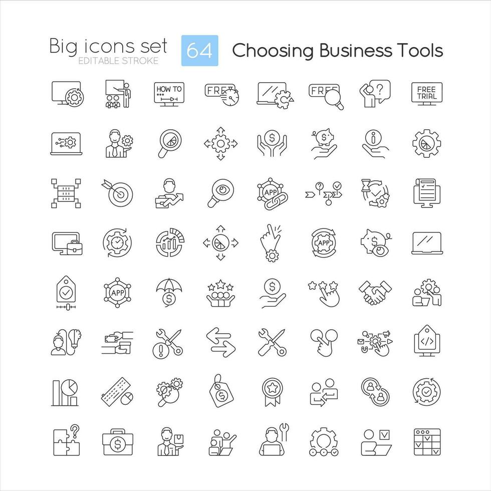 Choosing business tools linear icons set. Optimize working process ...