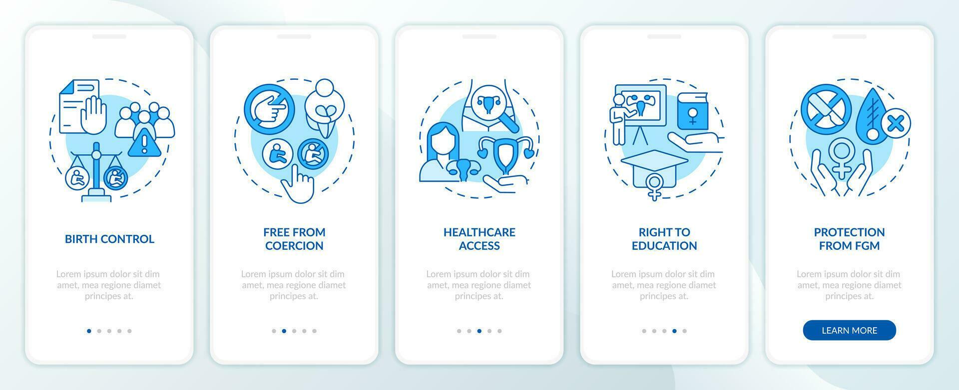 Reproductive rights blue onboarding mobile app screen. Gender equality ...