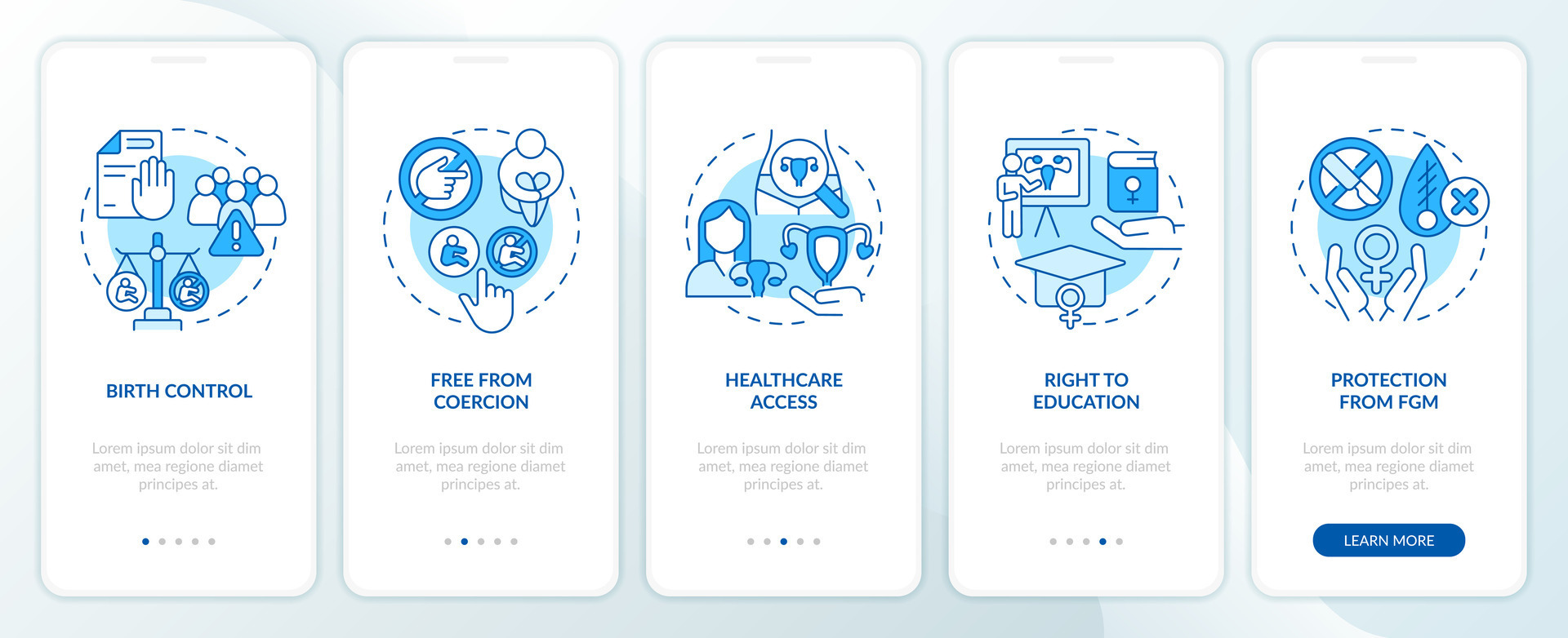 Reproductive Rights Blue Onboarding Mobile App Screen Gender Equality Walkthrough 5 Steps