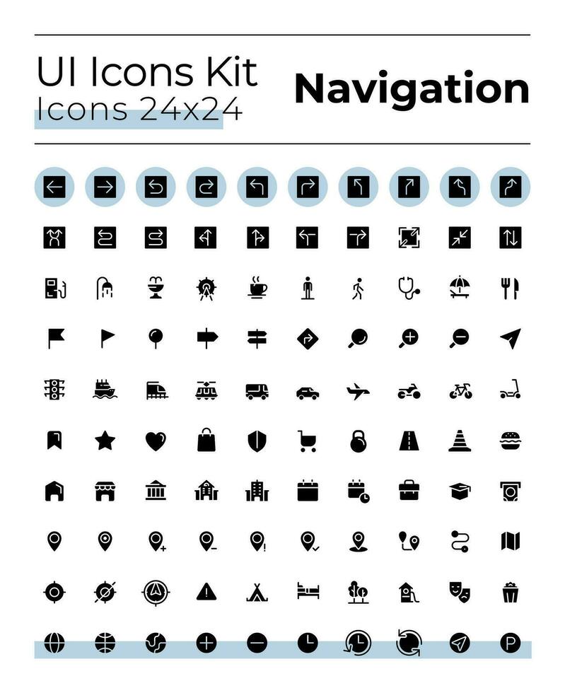 Tracking real time location black glyph ui icons set. GPS tool. Silhouette symbols on white ...
