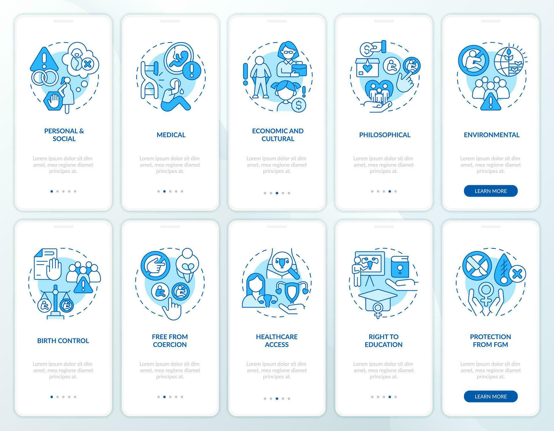 Reproductive Choice Blue Onboarding Mobile App Screen Set Pro Choice Walkthrough 5 Steps