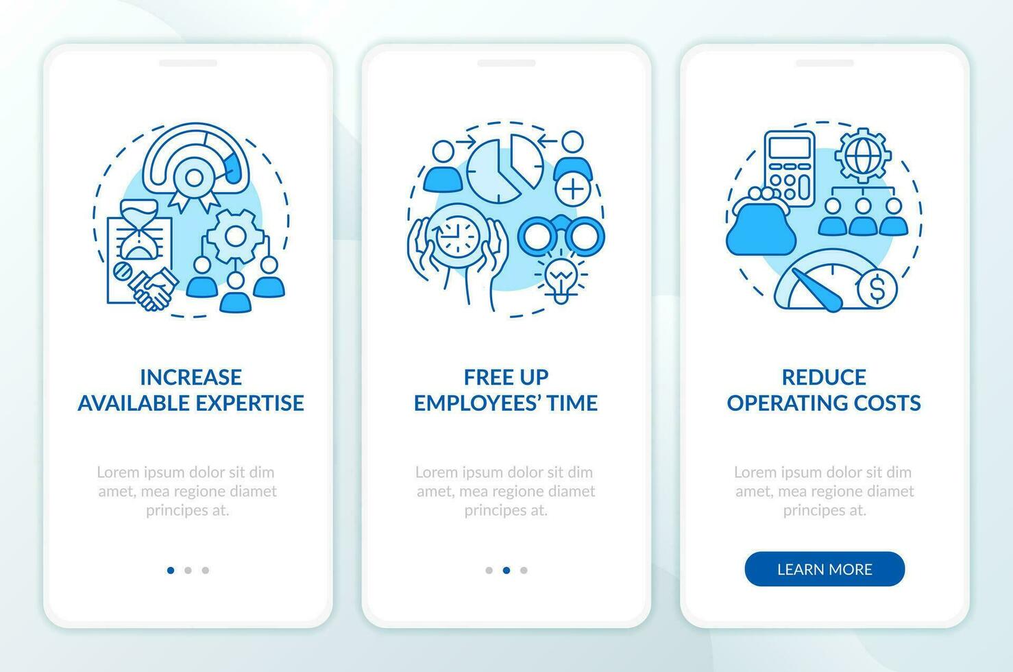 Outsourcing Services Advantages Blue Onboarding Mobile App Screen Walkthrough 3 Steps Editable