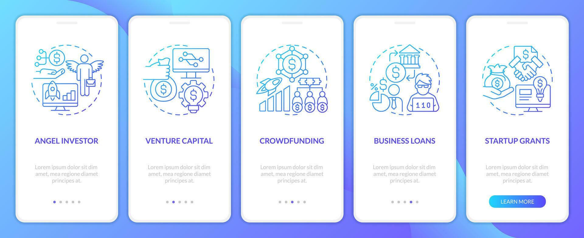 Tech Startup Financing Options Blue Gradient Onboarding Mobile App Screen It Walkthrough 5