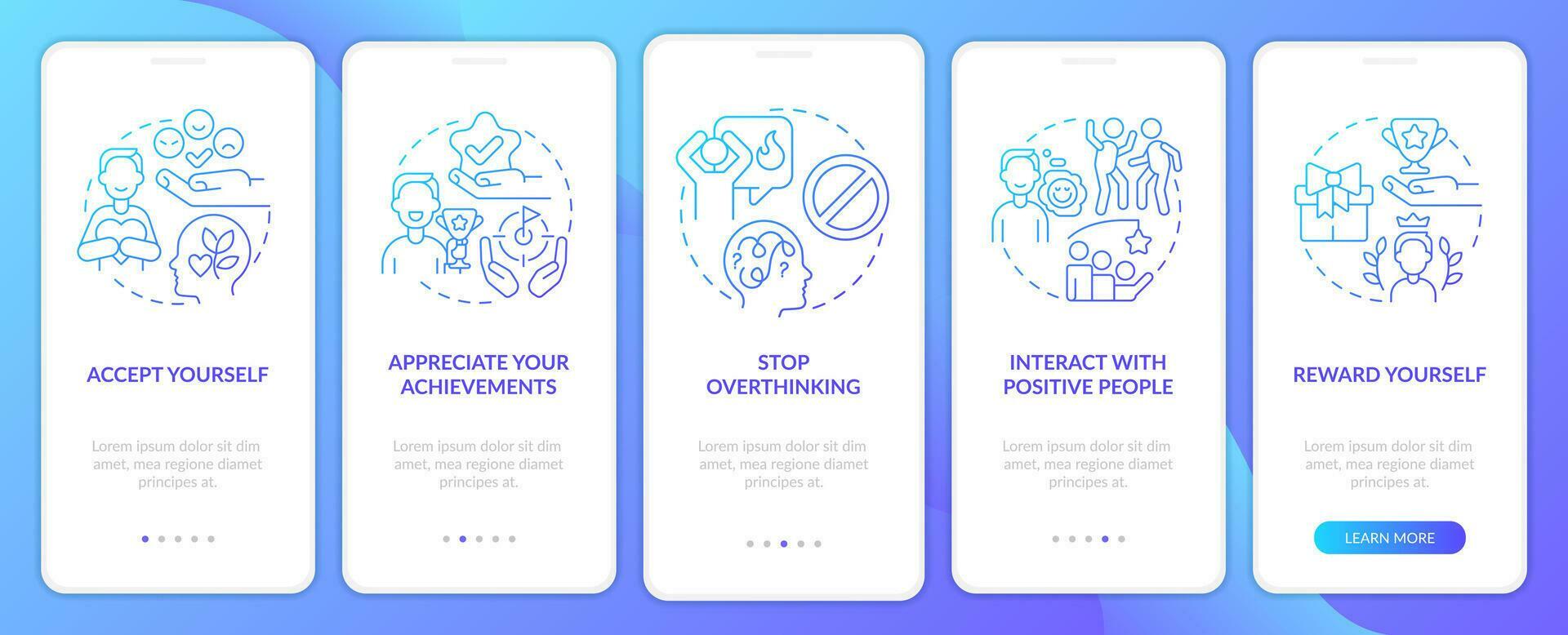 Dealing With Confidence Lack Blue Gradient Onboarding Mobile App Screen Walkthrough 5 Steps