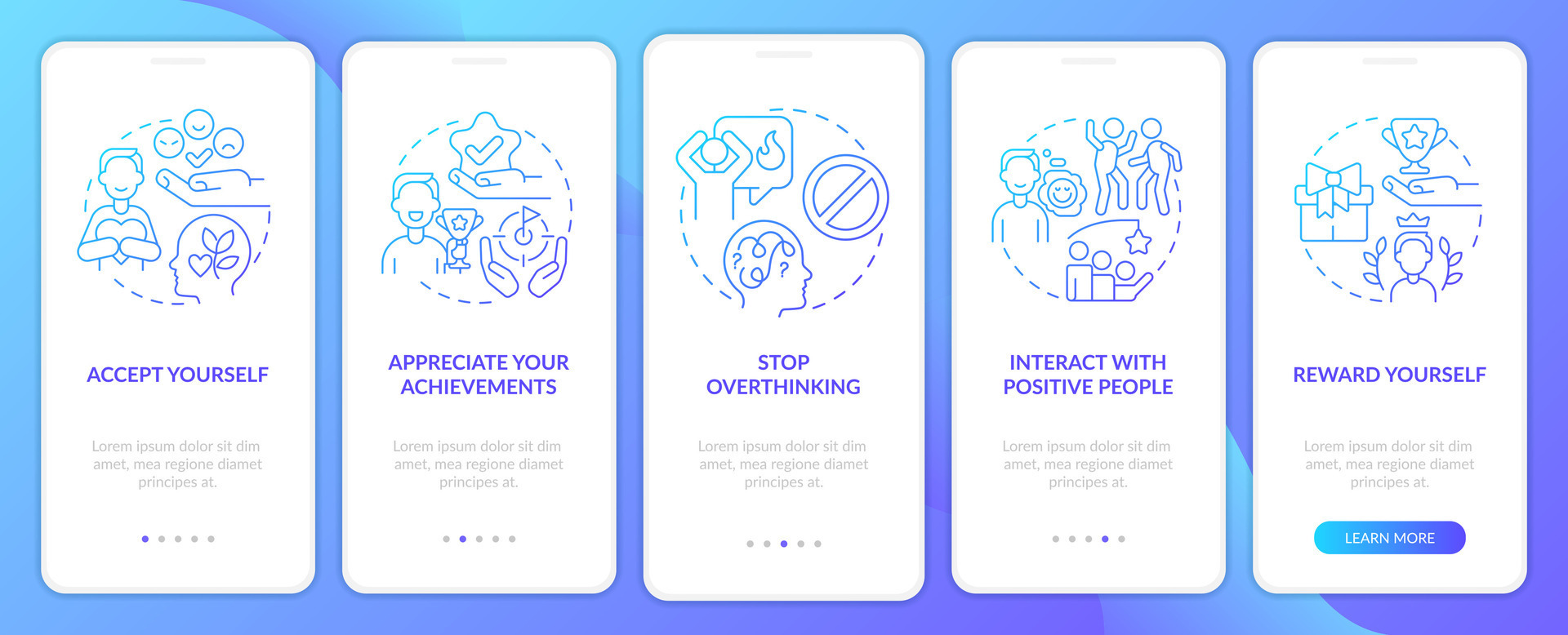 Dealing With Confidence Lack Blue Gradient Onboarding Mobile App Screen Walkthrough 5 Steps