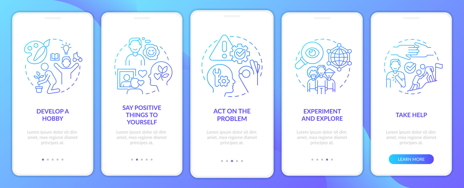 Self Esteem Improvement Blue Gradient Onboarding Mobile App Screen Psychology Walkthrough 5