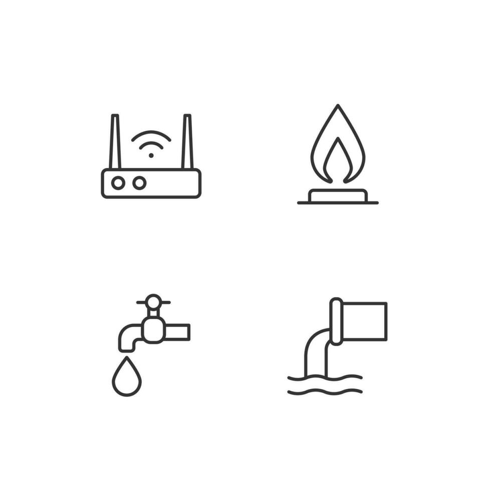 Home services pixel perfect linear icons set. Internet connection. Gas, water supply. Sewage ...