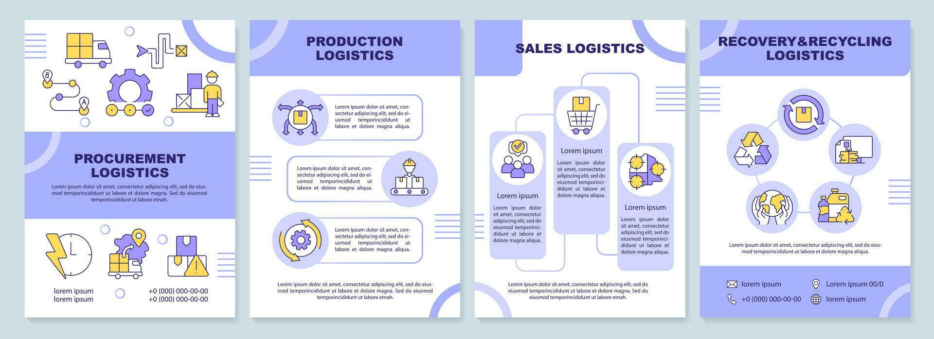 Logistic fields purple brochure template. Supply chain. Leaflet design with linear icons ...