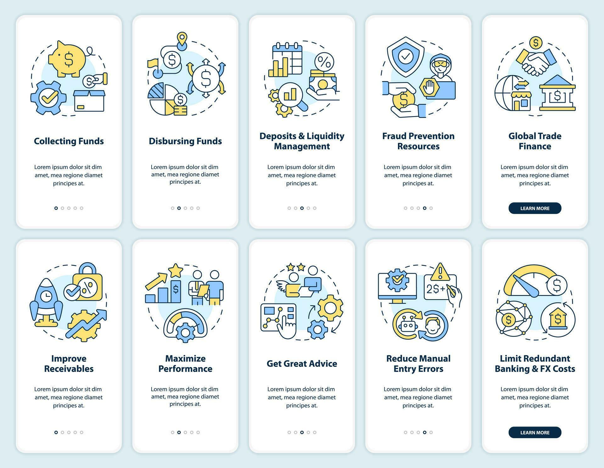 Treasury Management Service Advantages Onboarding Mobile App Screen Walkthrough 5 Steps