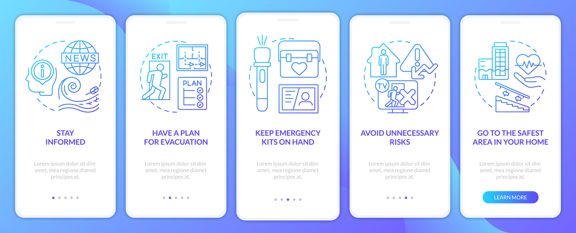 Emergency Preparedness Tips Blue Gradient Onboarding Mobile App Screen