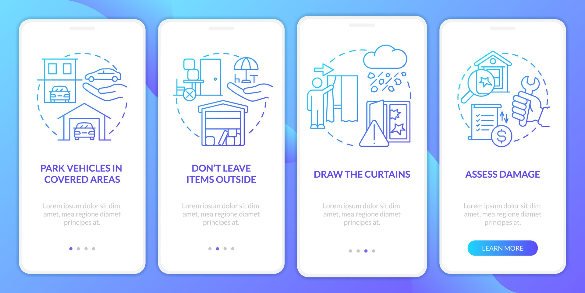 Staying safe during hail blue gradient onboarding mobile app screen ... Staying safe during hail blue gradient onboarding mobile app screen ...