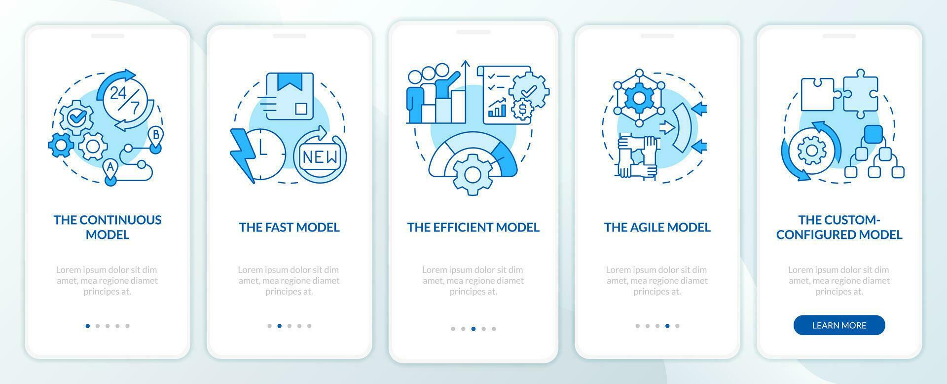 Supply Chain Models Blue Onboarding Mobile App Screen Industry Walkthrough 5 Steps Editable