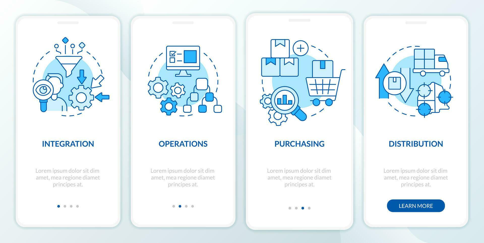 Elements of supply chain management blue onboarding mobile app screen. Walkthrough 4 steps ...